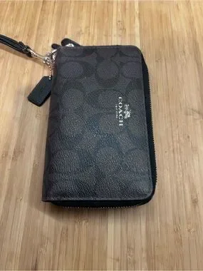 Coach | Bags | Coach Black Signature Zip Around Wristlet Double Zip ...